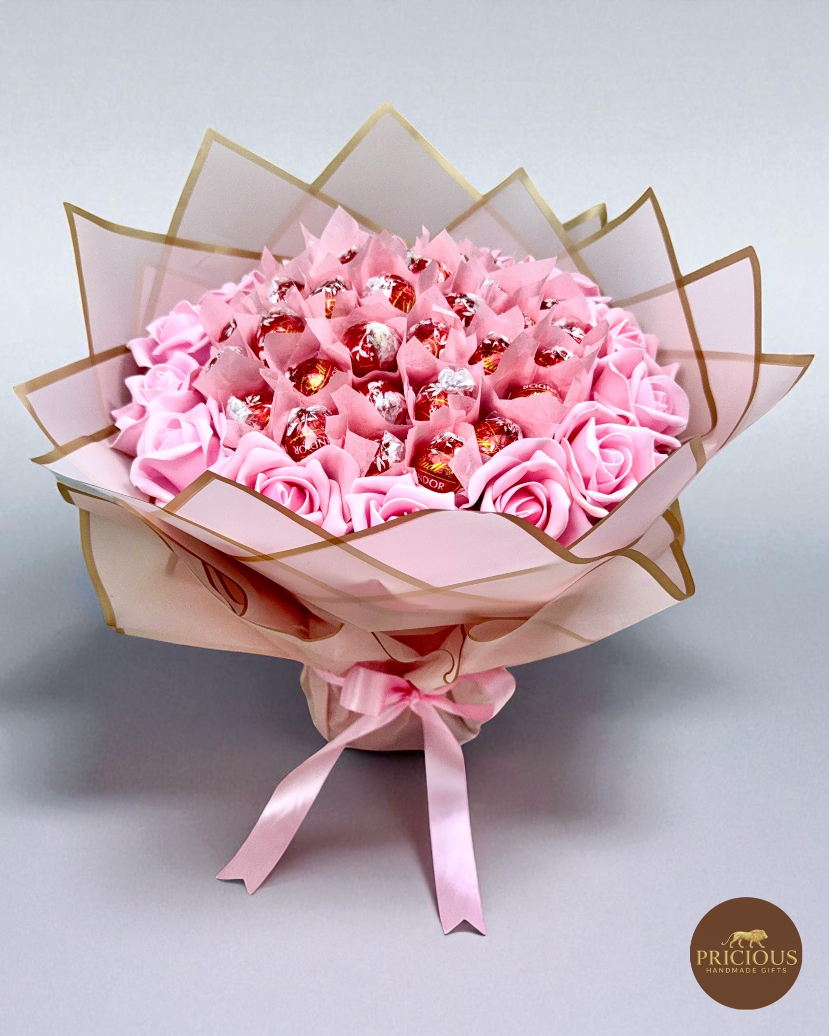 Luxe Lindt Lindor with Pink Roses Hand-Tied Chocolate Bouquet Sweet Tr ...